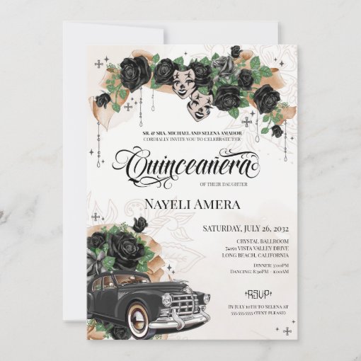 Black Roses Chicana Classic Lowrider Car Quince Invitation | Zazzle