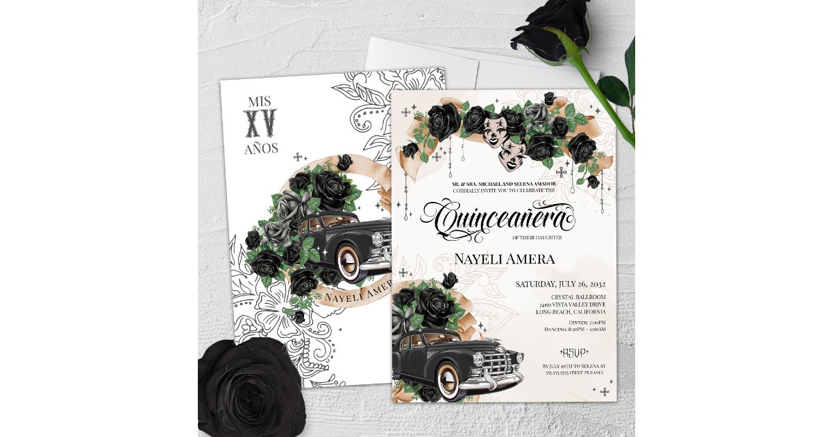 Black Roses Chicana Classic Lowrider Car Quince Invitation | Zazzle