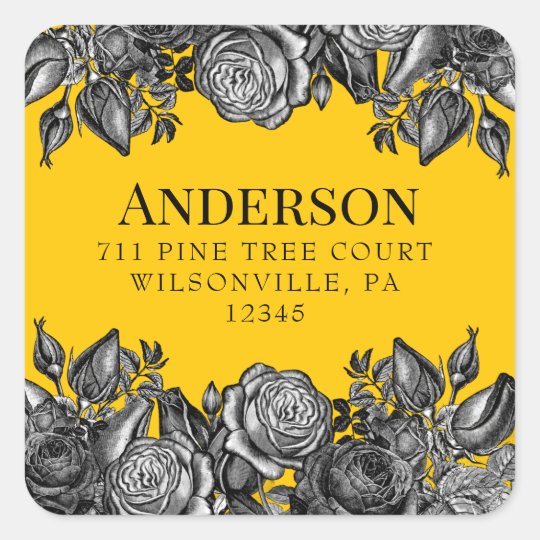 Black Roses Goldenrod Square Return Address Square Sticker | Zazzle.com