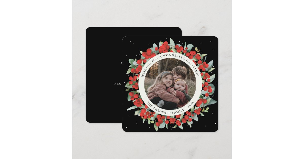 Black Round/Square Red Berries+Eucalyptus Photo Holiday Card | Zazzle