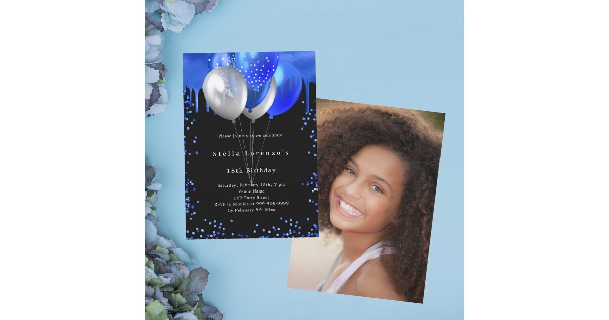 Black royal blue balloons photo invitation | Zazzle