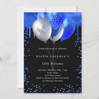 Black royal blue balloons photo invitation | Zazzle