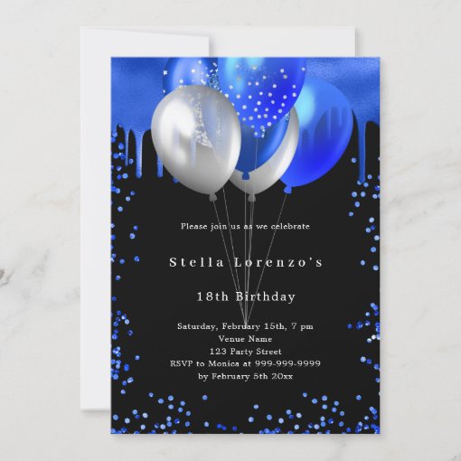 Black royal blue balloons photo invitation | Zazzle