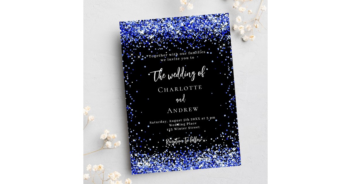 Black royal blue confetti luxury wedding invitation | Zazzle