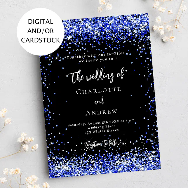 Black royal blue confetti wedding invitation | Zazzle