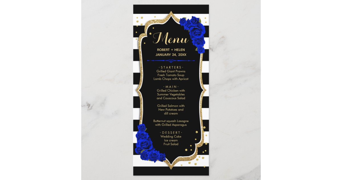 Black Royal Blue Gold White Menu Card | Zazzle