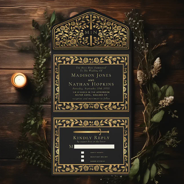 Black Royal Medieval Sword Wedding All In One Invitation | Zazzle