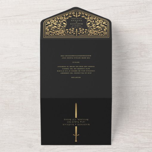 Black Royal Medieval Sword Wedding All In One Invitation | Zazzle