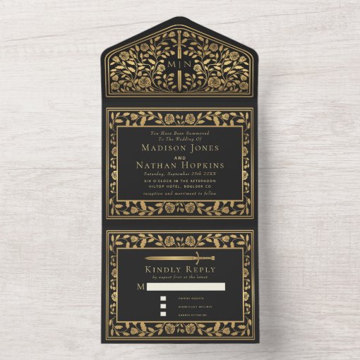 Black Royal Medieval Sword Wedding All In One Invitation | Zazzle