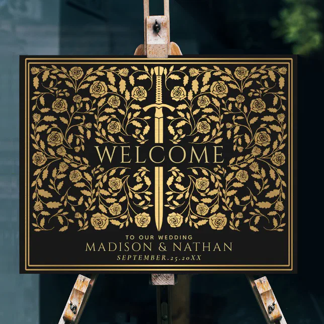 Black Royal Medieval Sword Wedding Welcome Sign | Zazzle