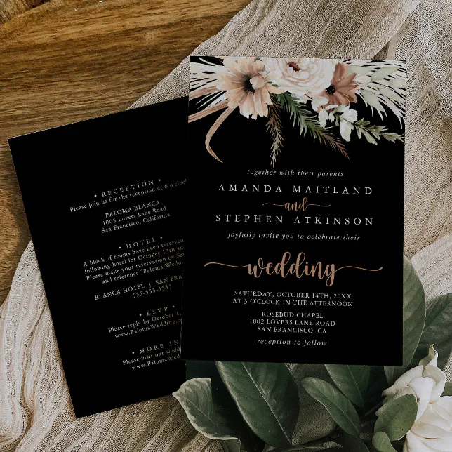 Black Rustic Boho Floral Front & Back Wedding Invitation | Zazzle