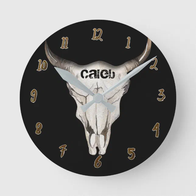 Black Rustic Cow Bull Head Skull Horns Custom Round Clock | Zazzle