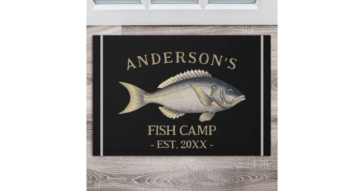 Black Rustic Personalized Fishing Cabin Doormat | Zazzle