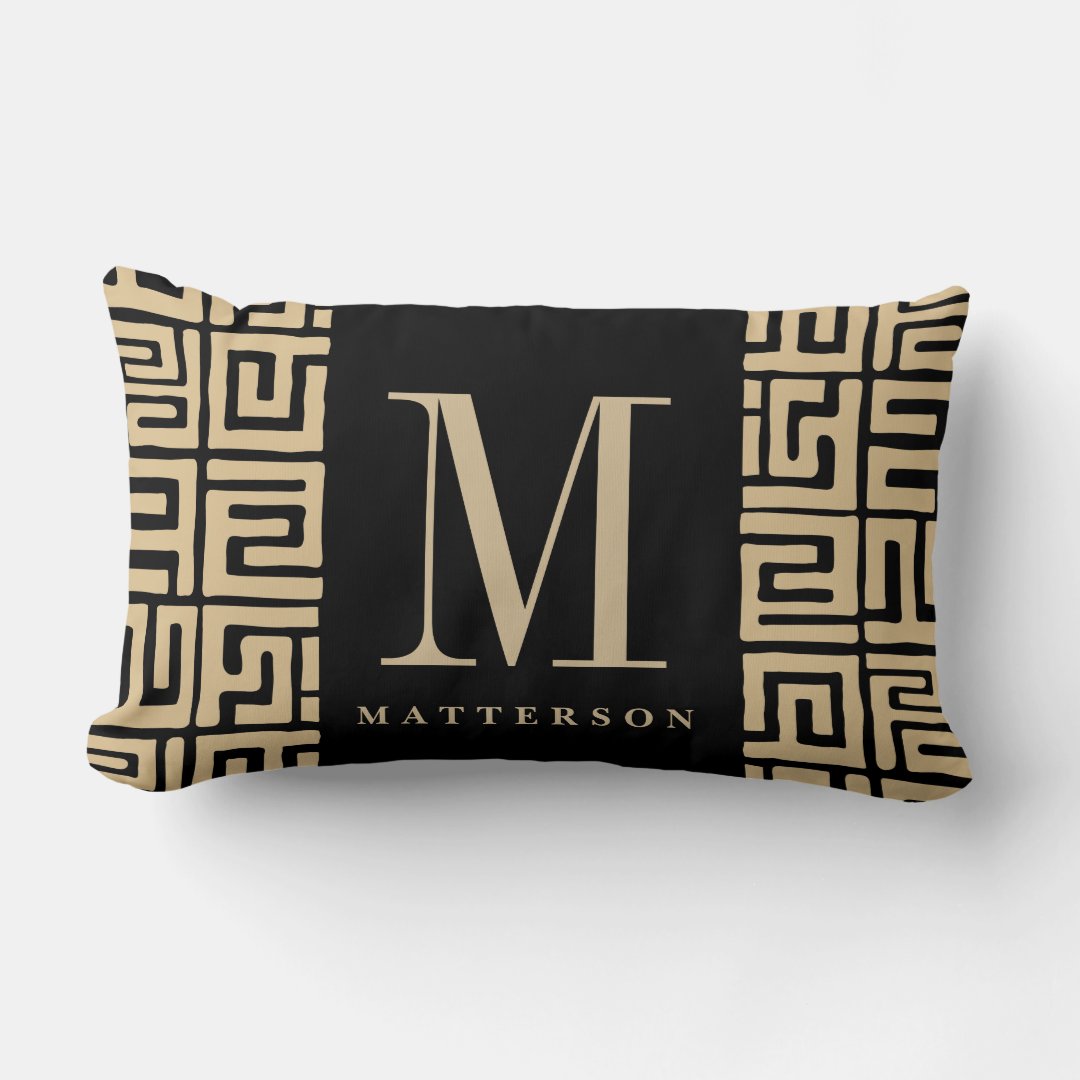 Black|Sand Kuba Print Inspired Monogram Lumbar Pillow | Zazzle