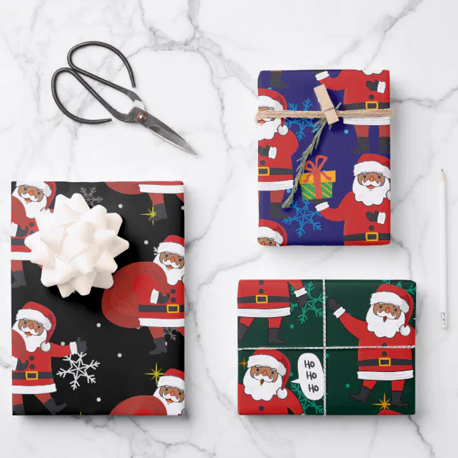 Black Santa With Snowflakes And Stars Christmas Wrapping Paper Sheets ...