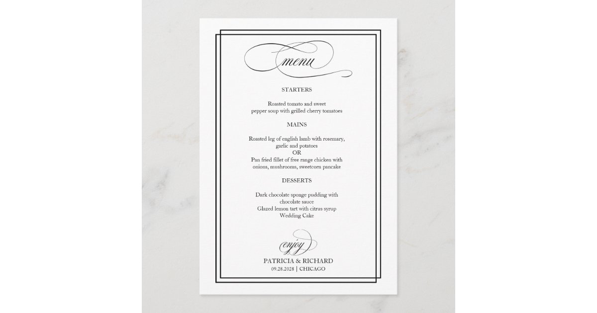 Black Script Elegant Wedding Menu | Zazzle