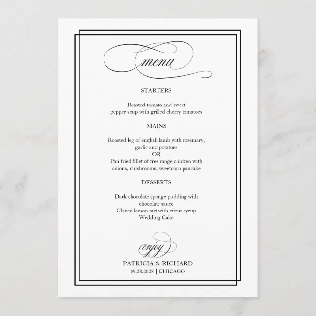 Black Script Elegant Wedding Menu | Zazzle