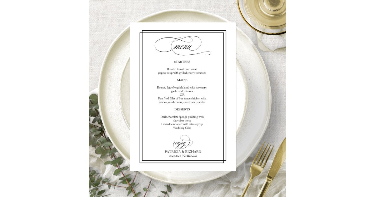 Black Script Elegant Wedding Menu | Zazzle