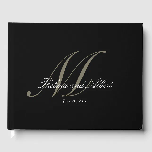 Black Script Monogram Wedding Guest Book | Zazzle