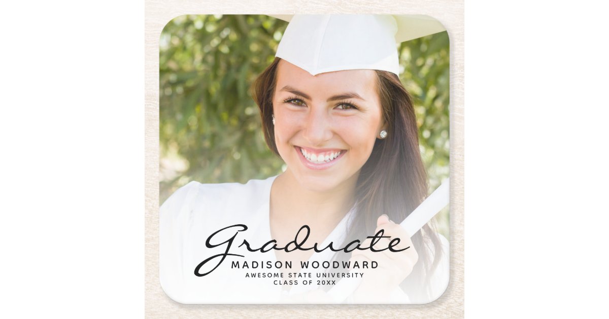 Black Script Photo Graduation Party Square Paper Coaster | Zazzle
