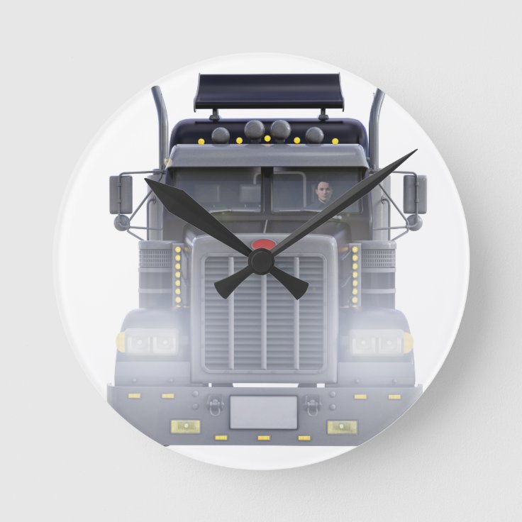 Black Semi Truck with Lights On in Front View Round Clock | Zazzle