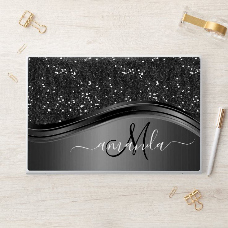 Black Sequin Glitter Handwritten Calligraphy HP Laptop Skin | Zazzle