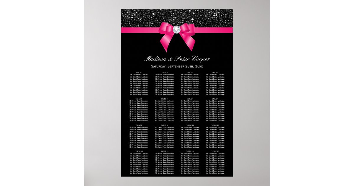 Black Sequins Hot Pink Bow Wedding Seating Chart | Zazzle
