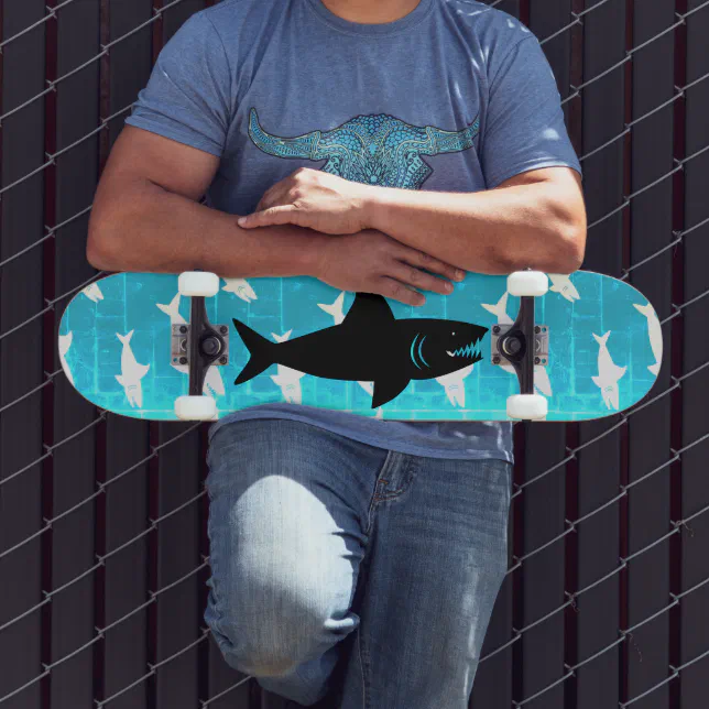 Black Shark Gray Shark Pattern Blue Background Skateboard | Zazzle