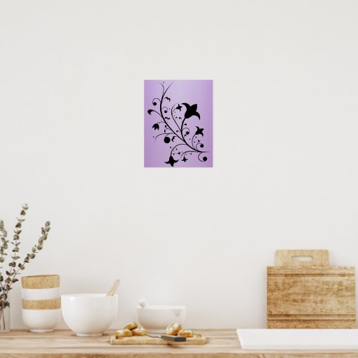 Black Silhouette Abstract Scroll Flowers Purple Poster | Zazzle