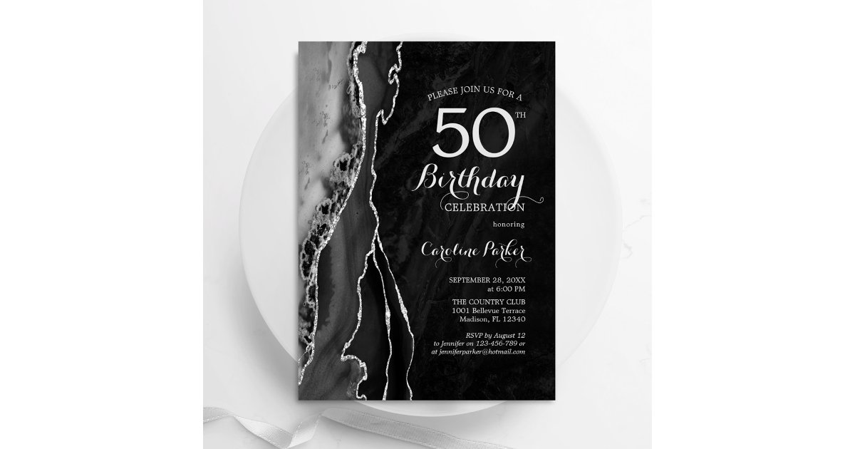 Black Silver Agate 50th Birthday Invitation Zazzle
