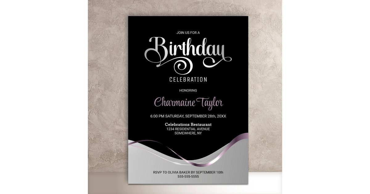 Black Silver Any Age Birthday Party Invitation | Zazzle