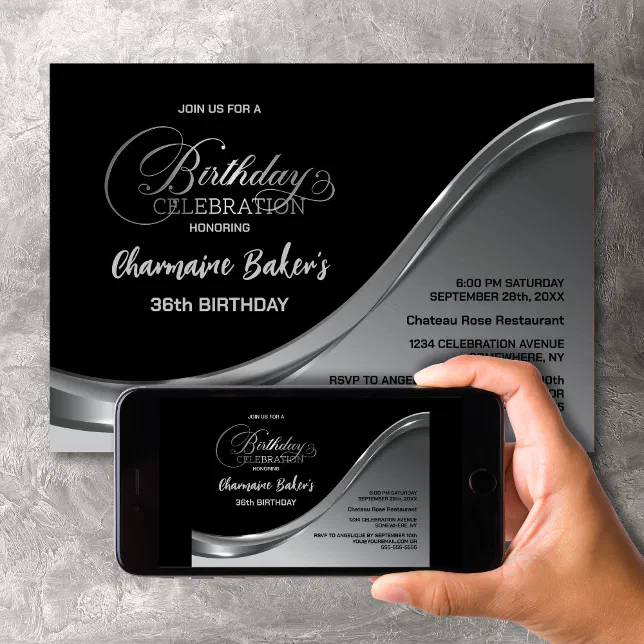 Black Silver Any Age Birthday Party Invitation | Zazzle