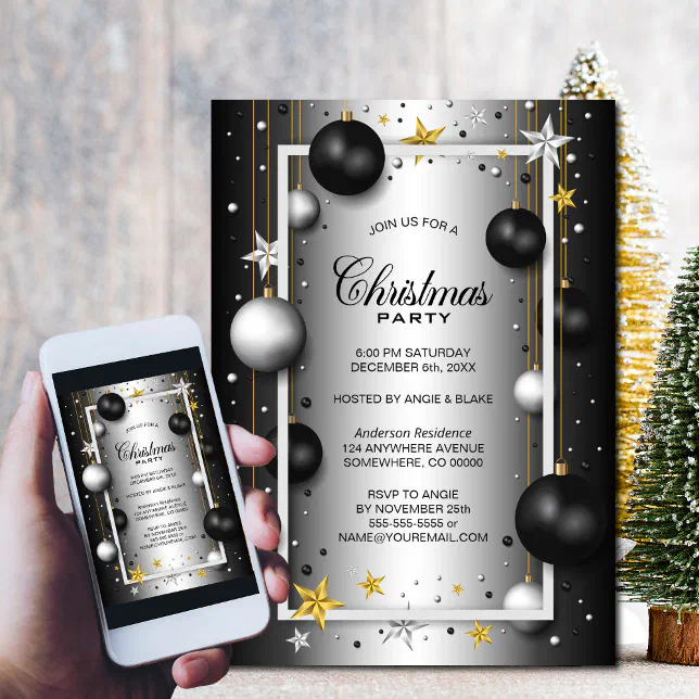 Black Silver Christmas Ornament Christmas Party Invitation | Zazzle