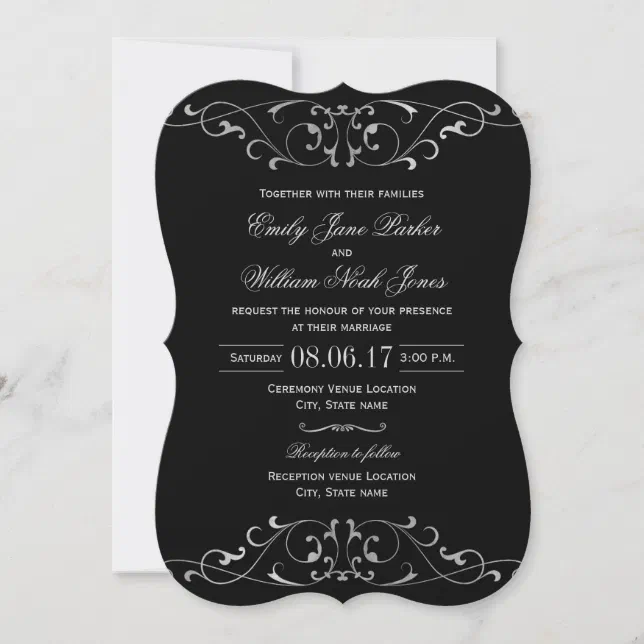 Black Silver Elegant Wedding Invitation | Zazzle