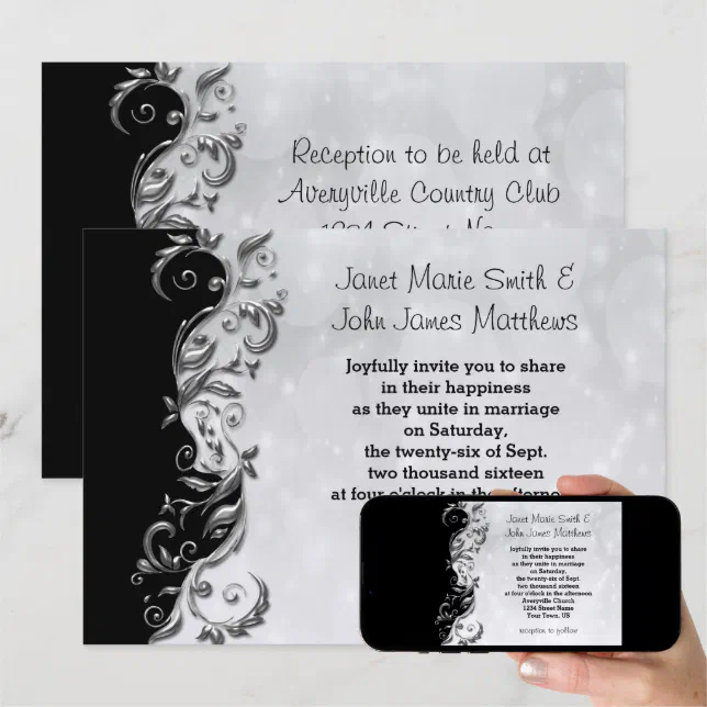 Black & Silver Floral Wedding Design Invitation | Zazzle