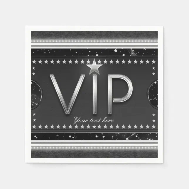 Black & Silver Glam Stars VIP Ticket Custom Party Paper Napkins | Zazzle