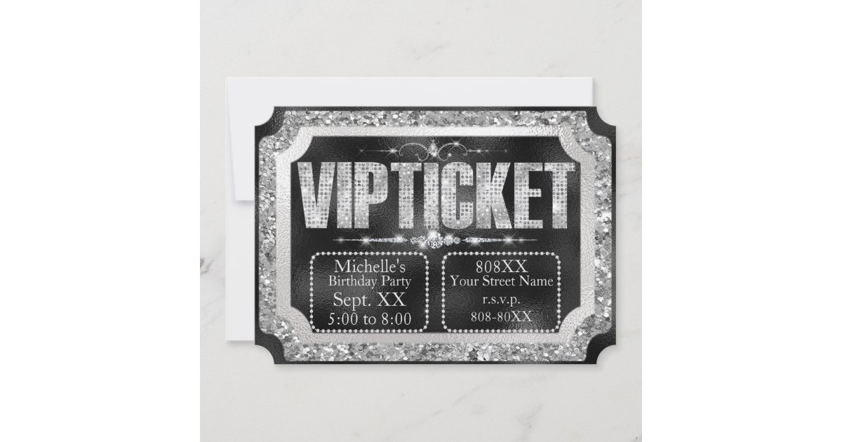 Black & Silver Glitter and Diamonds Ticket Invitation | Zazzle