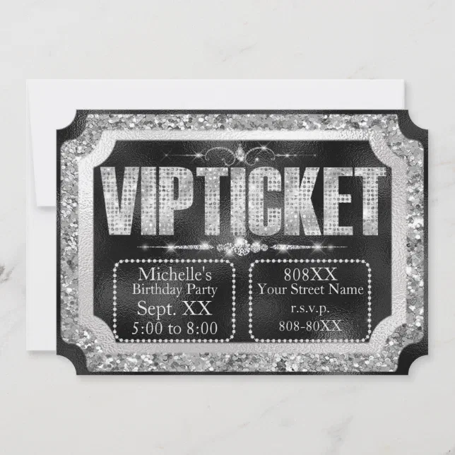 Black & Silver Glitter and Diamonds Ticket Invitation | Zazzle