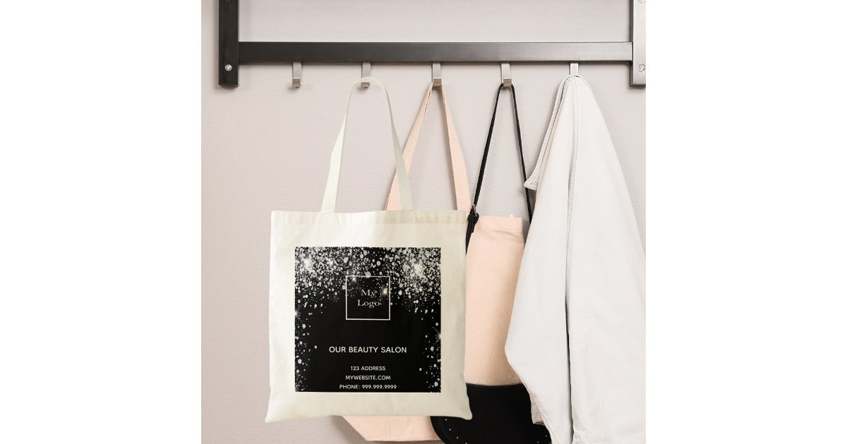 Black silver glitter business logo tote bag | Zazzle