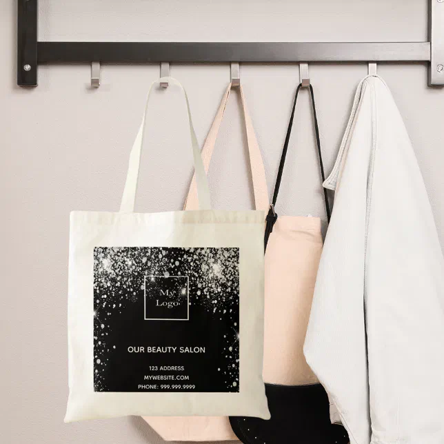 Black silver glitter business logo tote bag | Zazzle