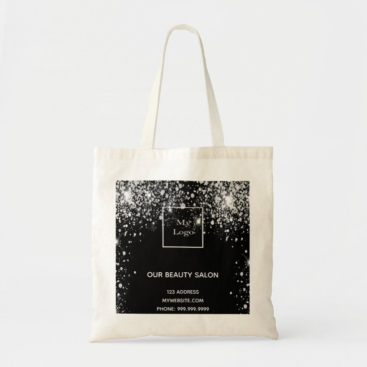 Black silver glitter business logo tote bag | Zazzle