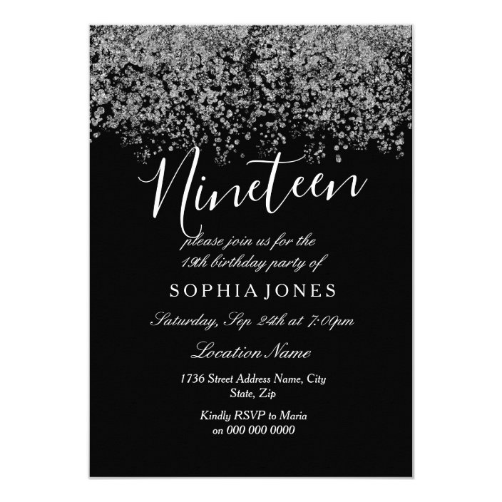 Black Silver Glitter Confetti 19th birthday party Invitation | Zazzle.com
