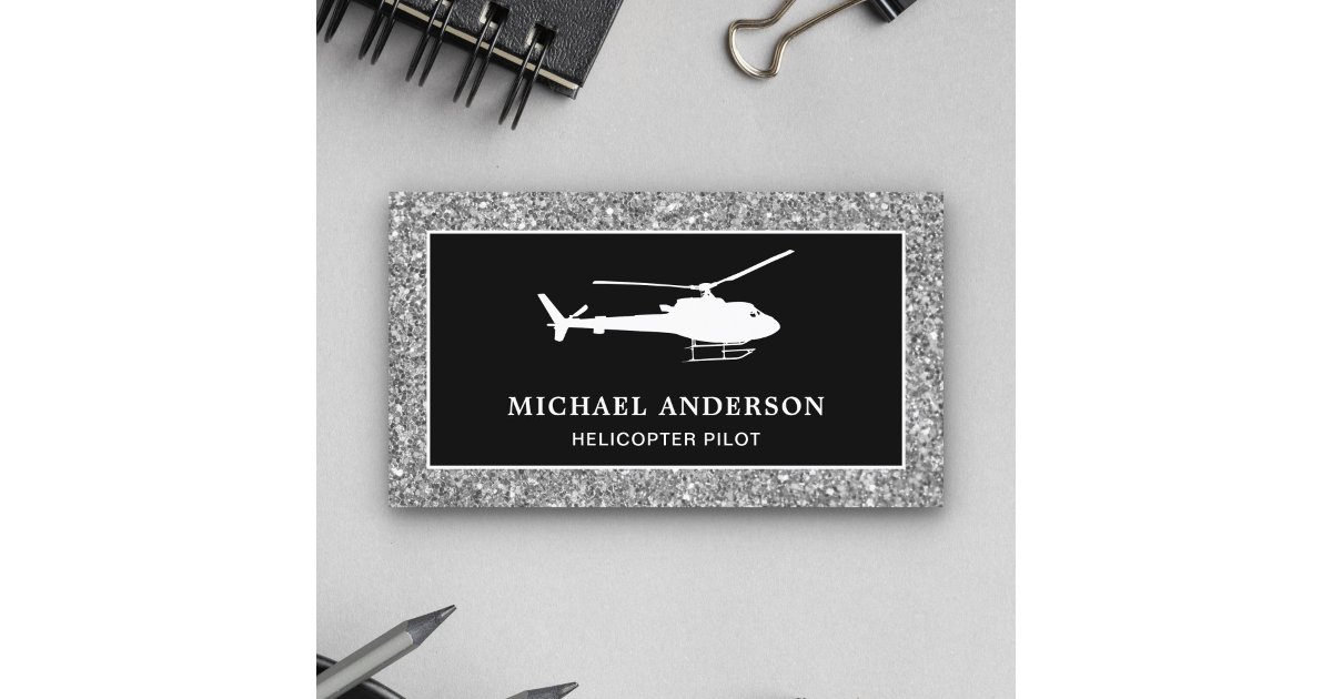 Black Silver Glitter Helicopter Pilot Business Card | Zazzle