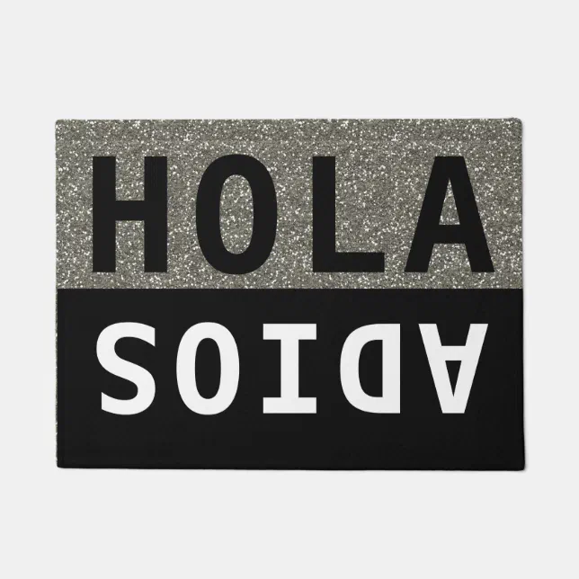 Black & Silver Glitter Hola Adios Spanish Welcome Doormat | Zazzle