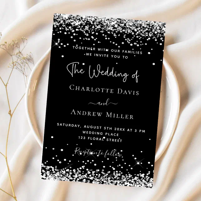 Black silver glitter modern wedding invitation | Zazzle