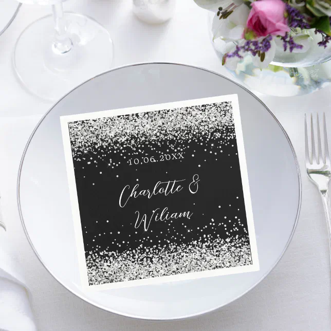 Black Silver Glitter Script Wedding Napkins Zazzle