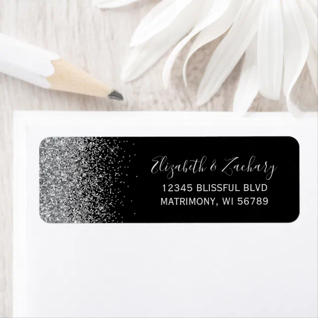 Black Silver Glitter Wedding Return Address Label | Zazzle