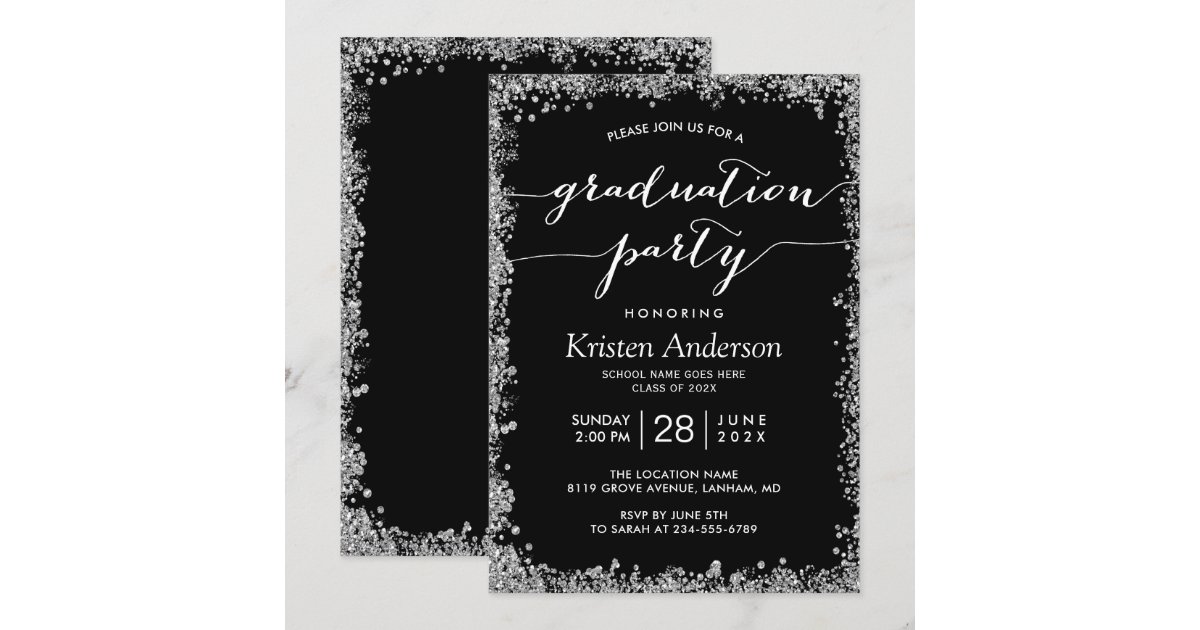 Black Silver Glitters Typography Graduation Party Invitation | Zazzle