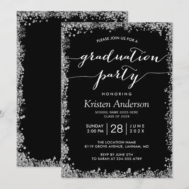 Black Silver Glitters Typography Graduation Party Invitation | Zazzle
