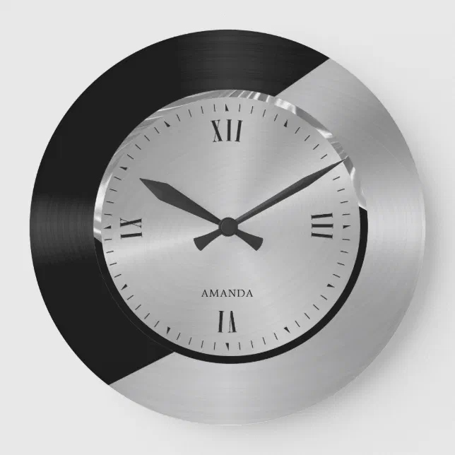 Black & Silver Modern Metallic Geometric design Large Clock | Zazzle